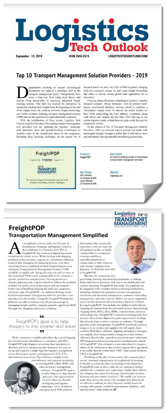 FreightPOP Recognized in Logistics Tech Outlook’s Top 10 TMS